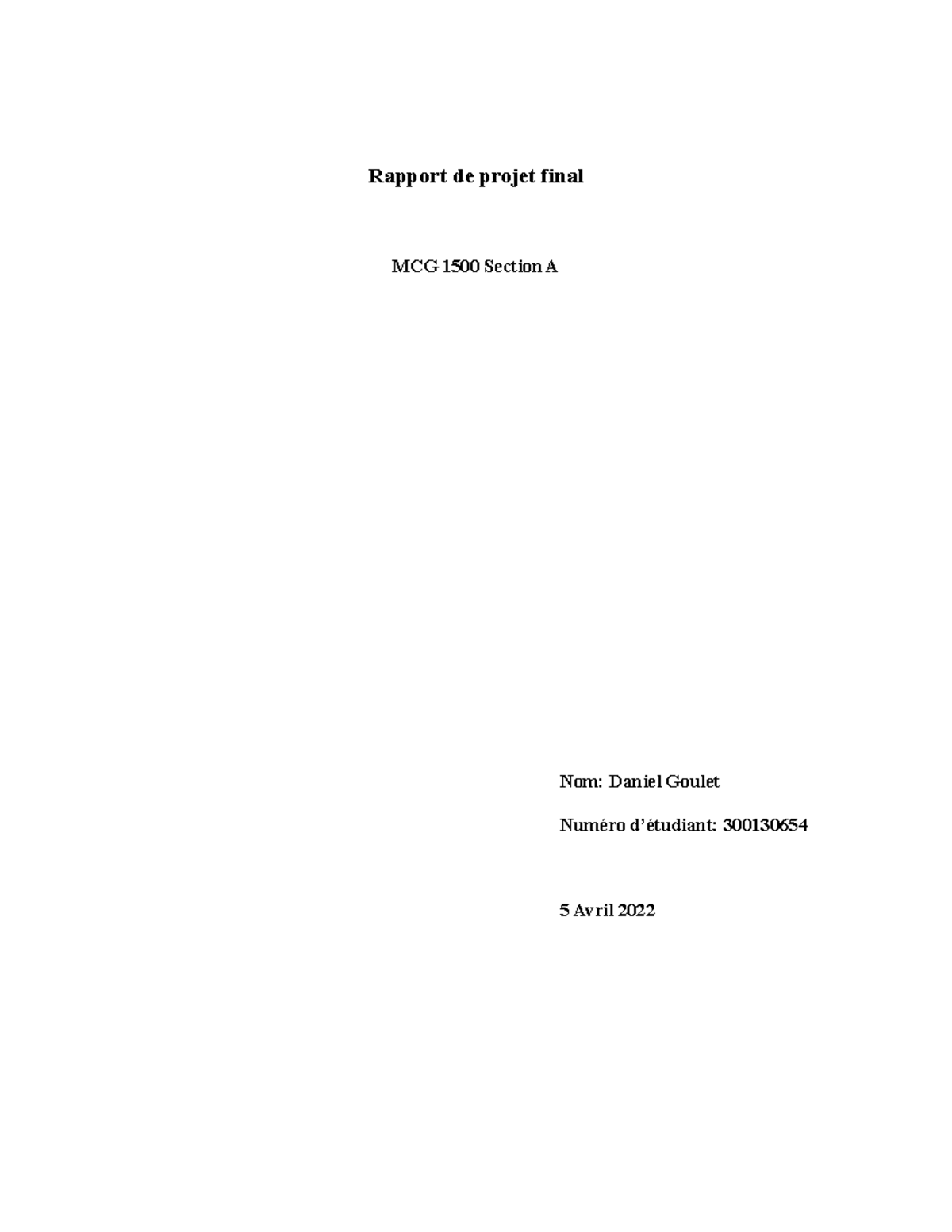 Projet final rapport - Rapport de projet final MCG 1500 Section A Nom ...