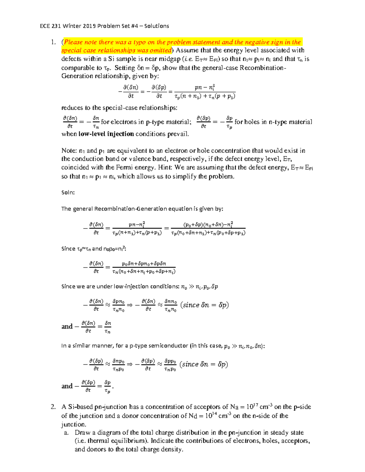 problem set 4 solution - 1. (Please note there was a typo on the problem statement and the ...