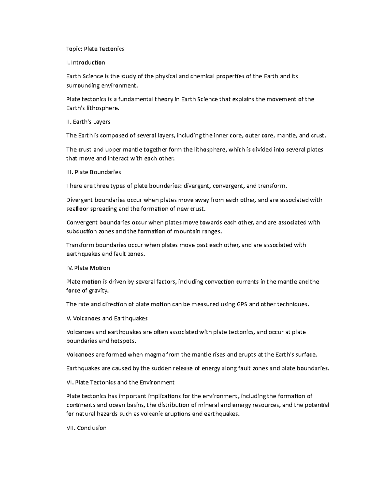 Plate Tectonics Lecture Notes - Topic: Plate Tectonics I. Introduction ...