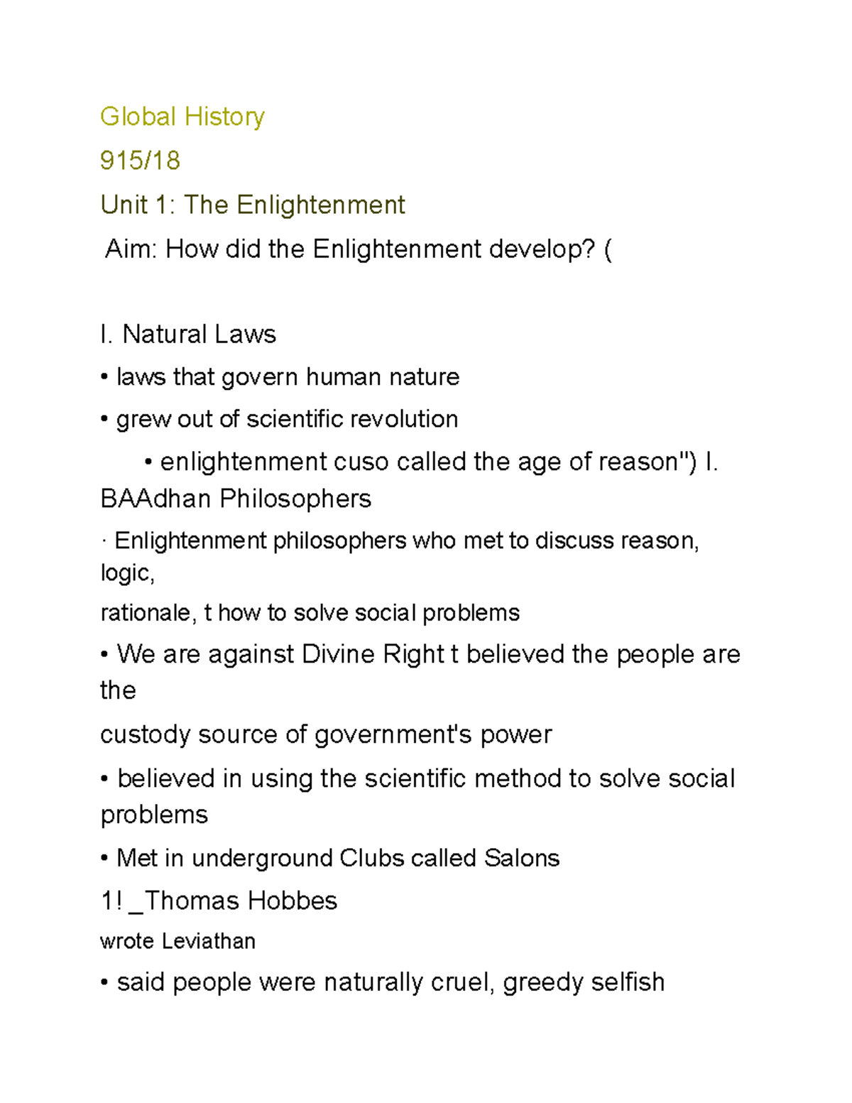 Enlightment Notes - Global History 915/ Unit 1: The Enlightenment Aim ...