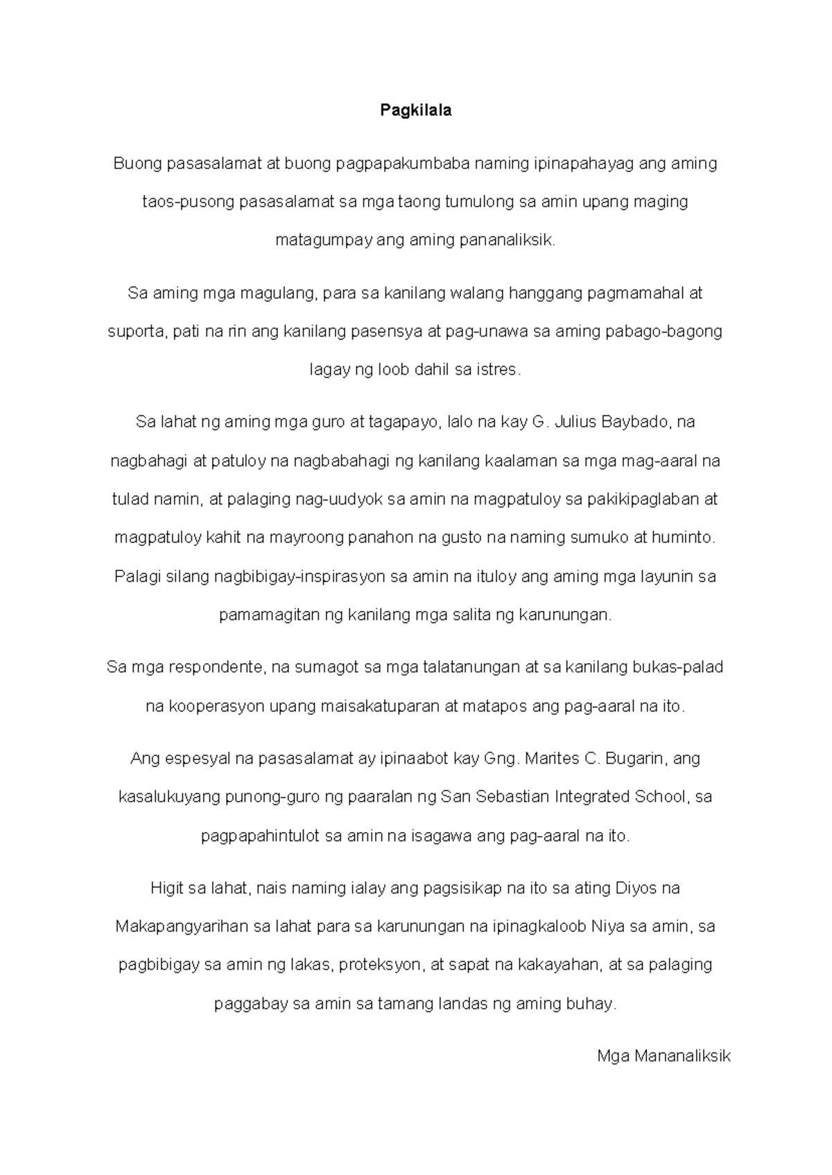 Other parts in research paper filipino - Pagkilala Buong pasasalamat at ...