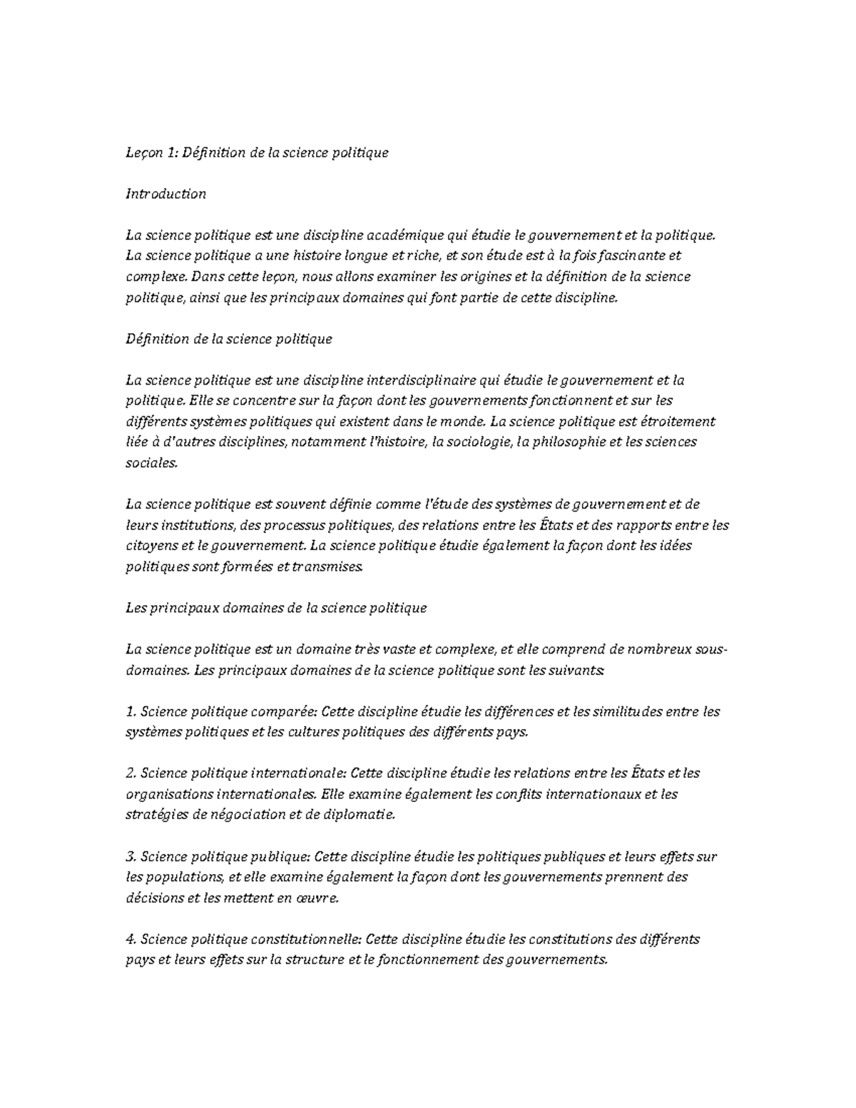 Political Science Study Notes - Leçon 1: Définition de la science ...