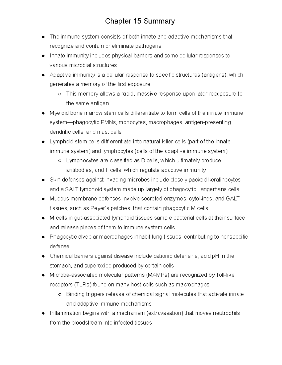 Chapter 15 Summary - Chapter 15 Summary The immune system consists of ...
