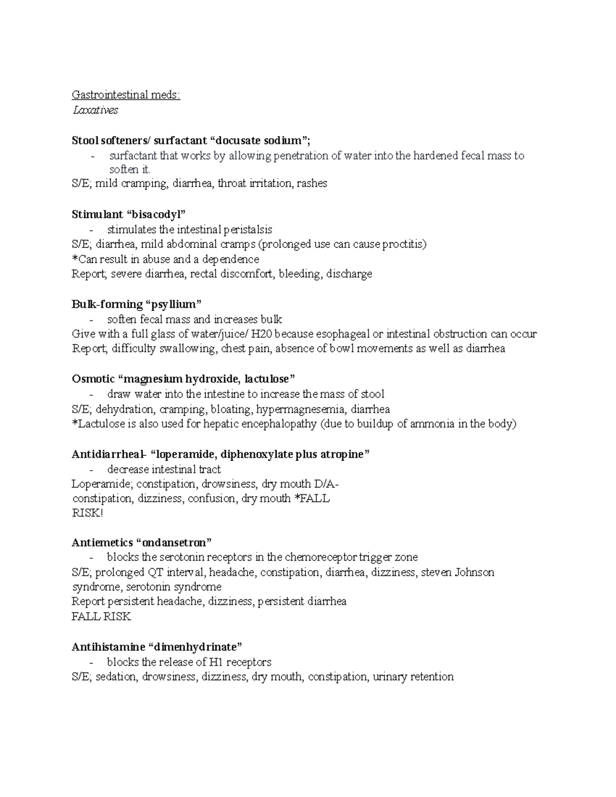Gastrointestinal meds notes - Gastrointestinal meds: Laxatives Stool ...