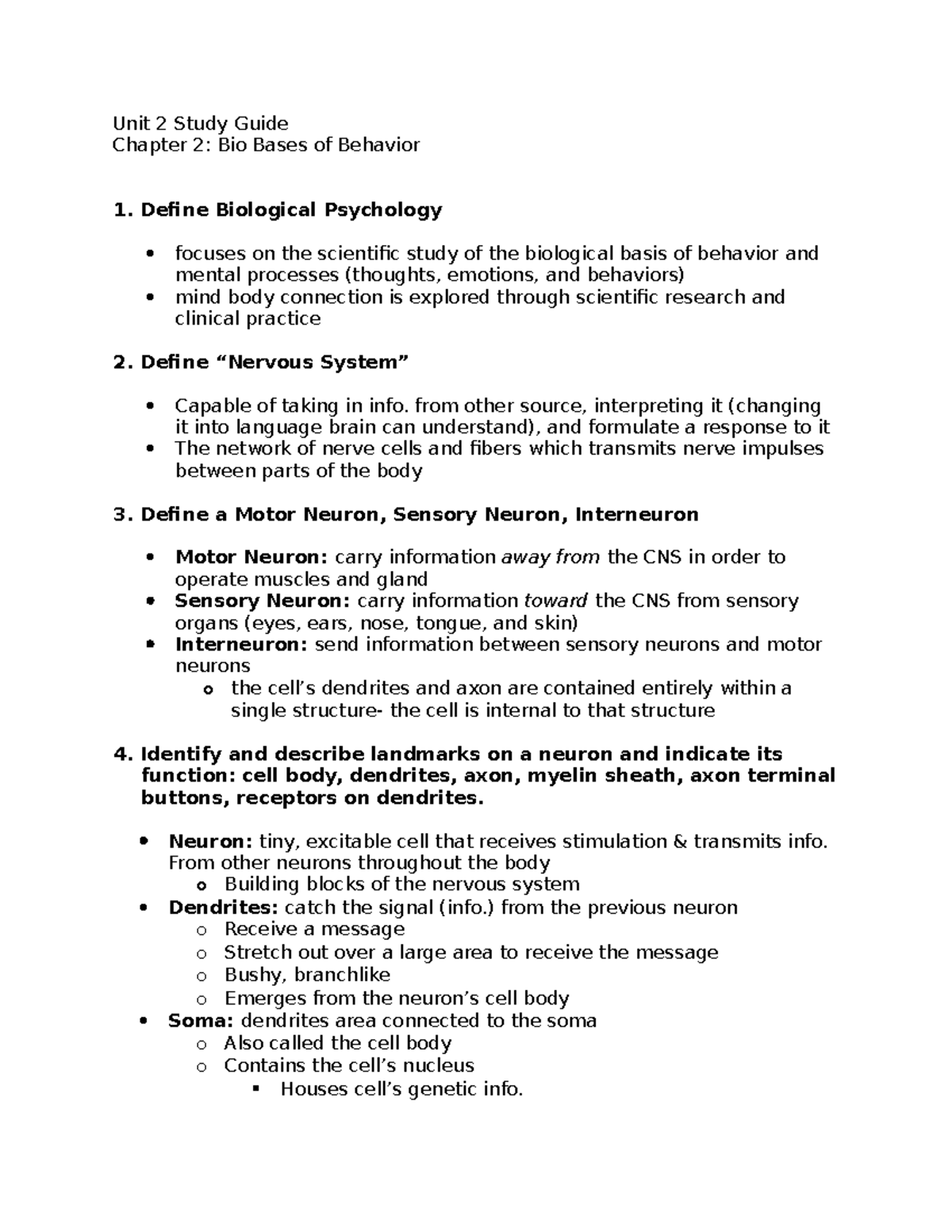 Unit 2 Study Guide - Unit 2 Study Guide Chapter 2: Bio Bases of ...