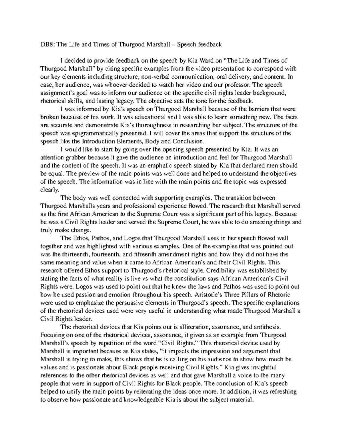 Discussion Board Assignment #8 - DB8: The Life and Times of Thurgood ...