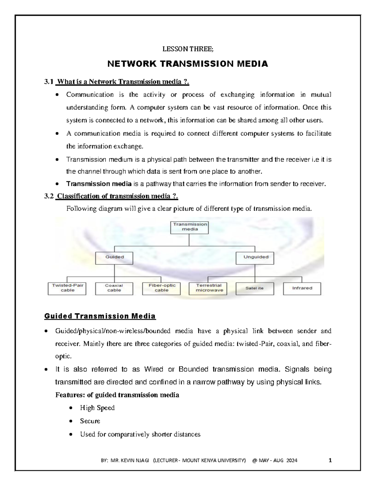 Lesson 3 Transmission Media - LESSON THREE; NETWORK TRANSMISSION MEDIA ...