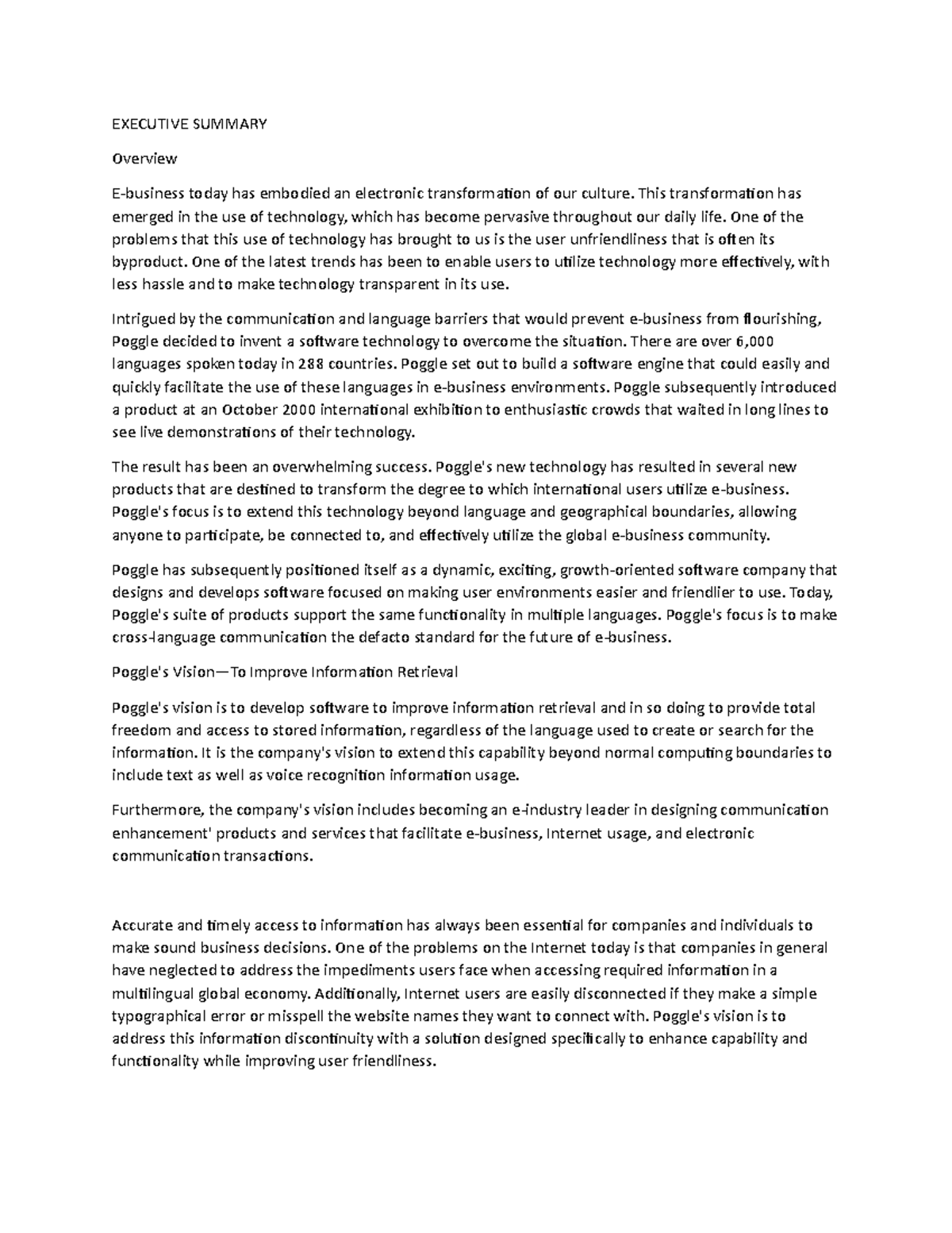 Draft an executive summary - EXECUTIVE SUMMARY Overview E-business ...