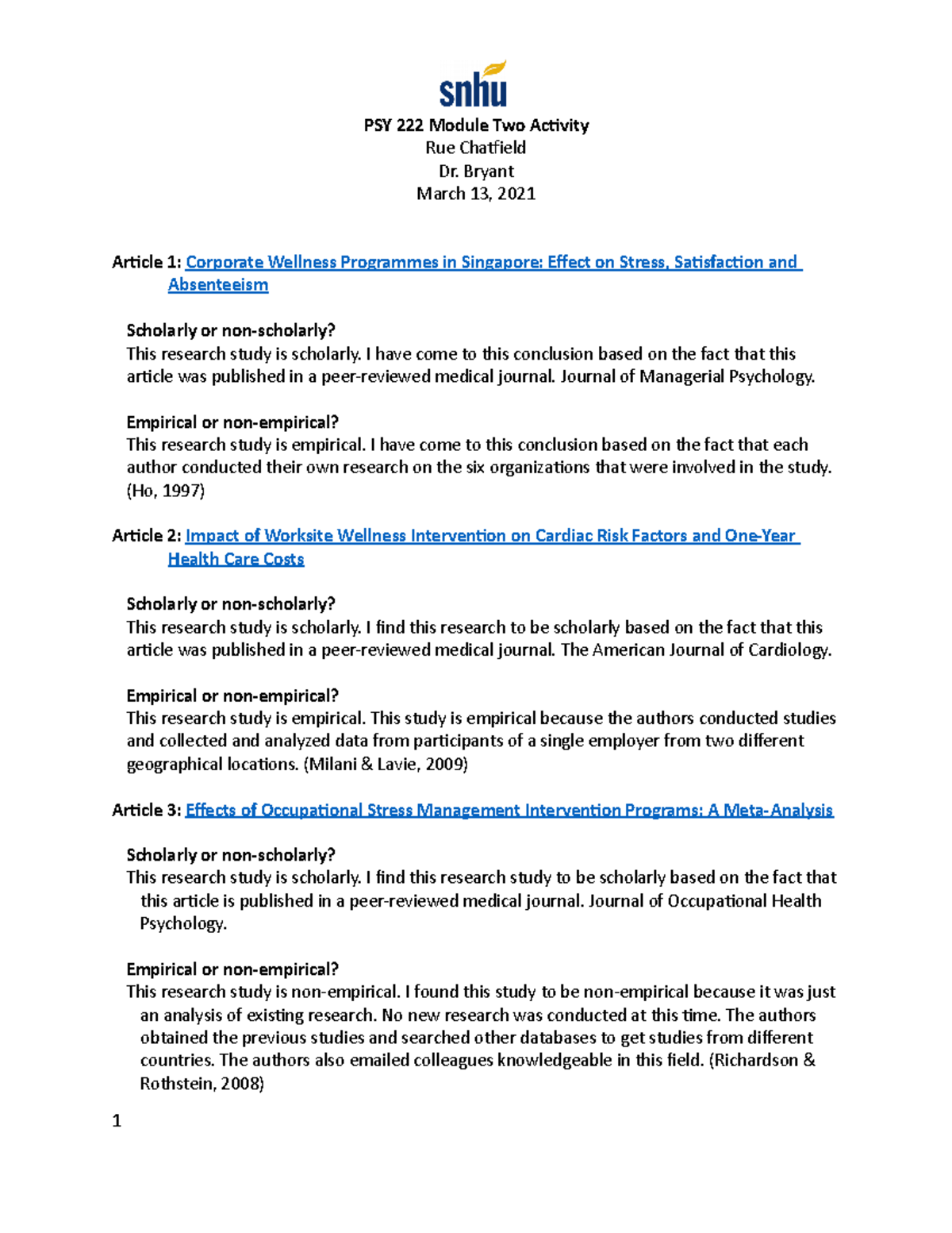 PSY222 Module Two Activity - PSY 222 Module Two Activity Rue Chatfield ...