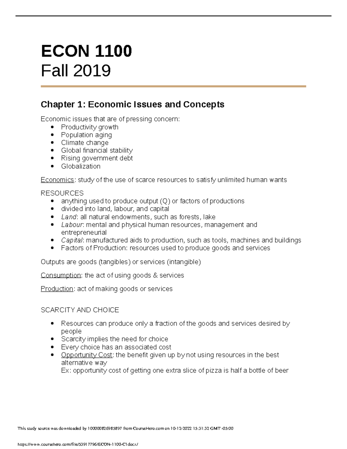 ECON 1100 C1 - Notes - ECON 1100 Fall 2019 Chapter 1: Economic Issues ...