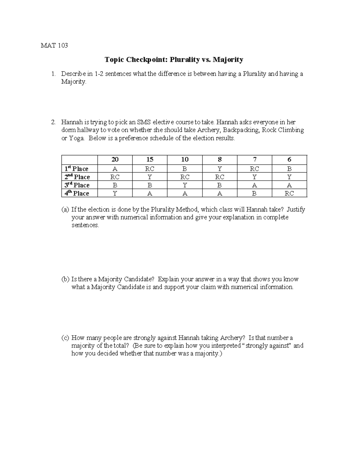 Topic Checkpoint 1 - Plurality vs Majority - MAT 103 Topic Checkpoint ...