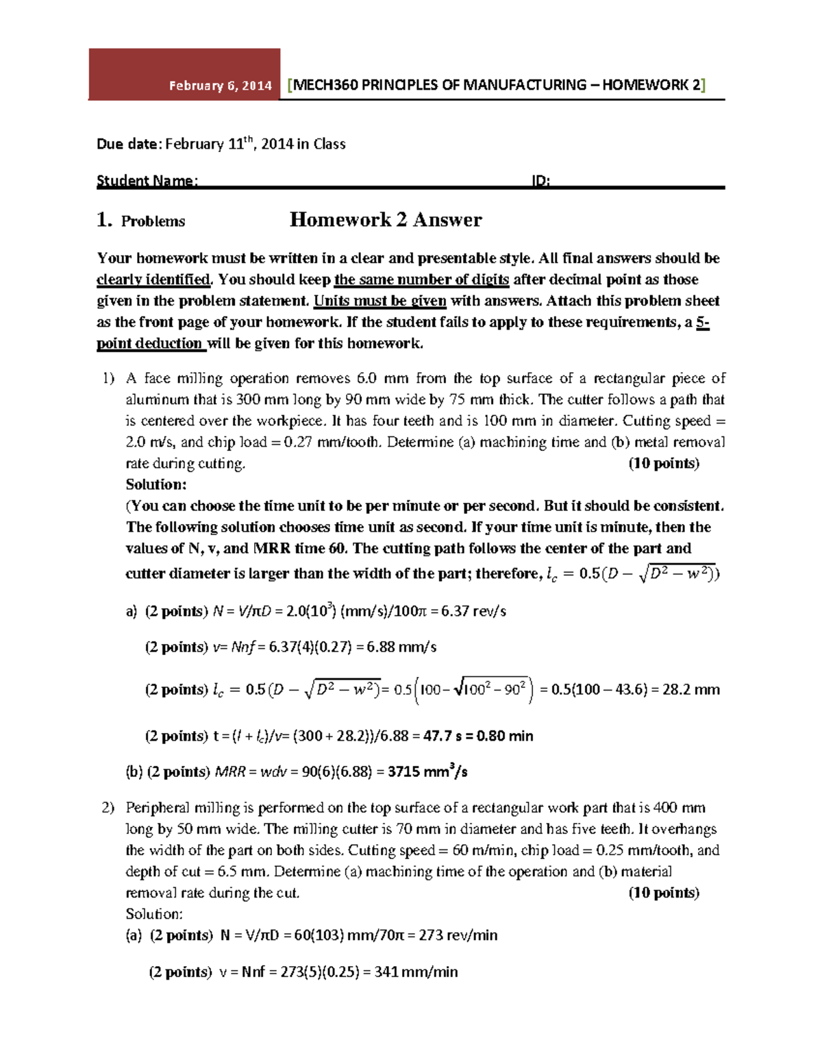 5550000 fff ffff - Due date: February 11 th , 2014 in Class Student Name: ID: 1. Problems ...
