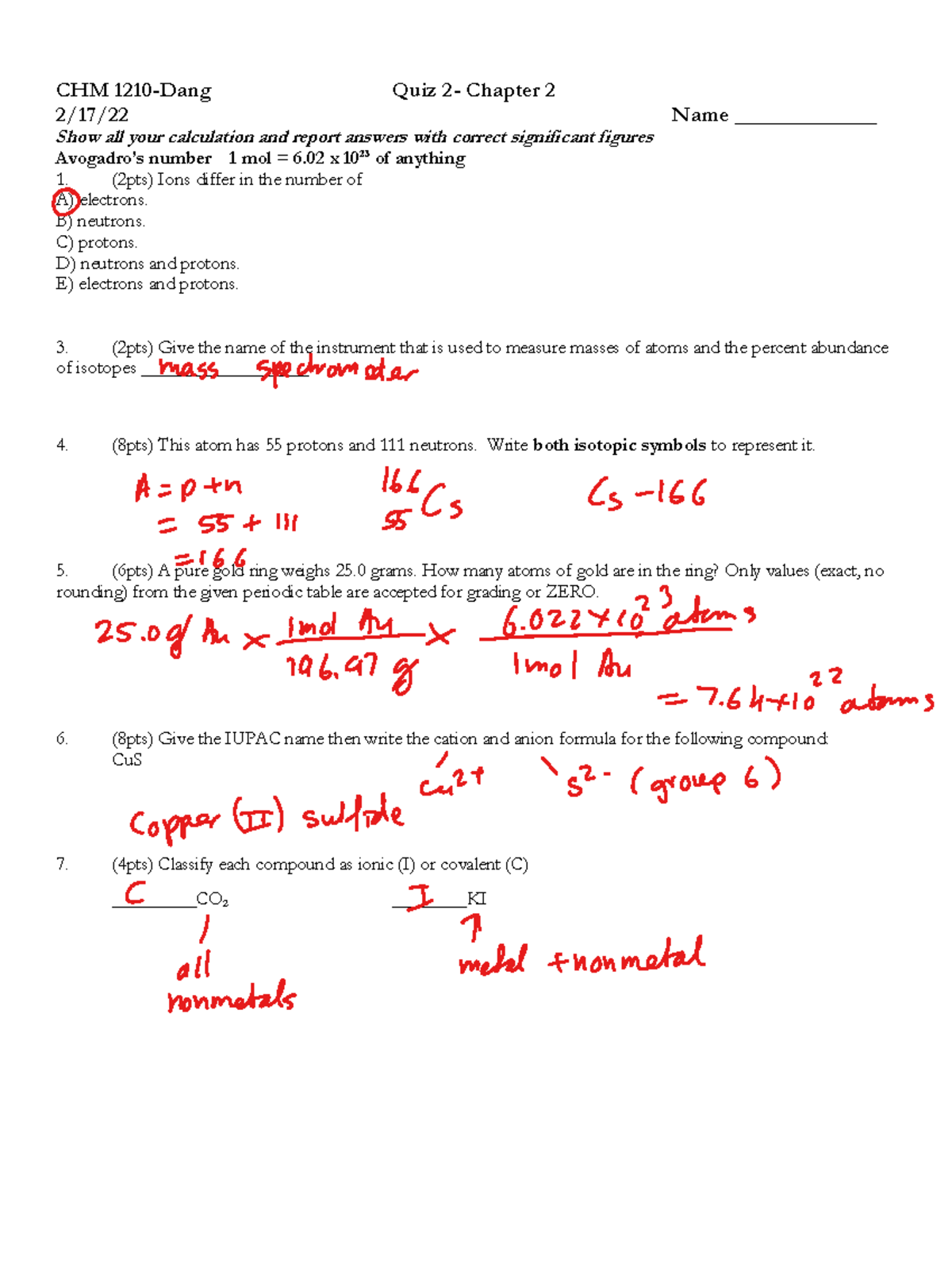 CHM 1210-Quiz 2a-ch2 - A full credit quiz 2a from CHEM 1210, professor ...