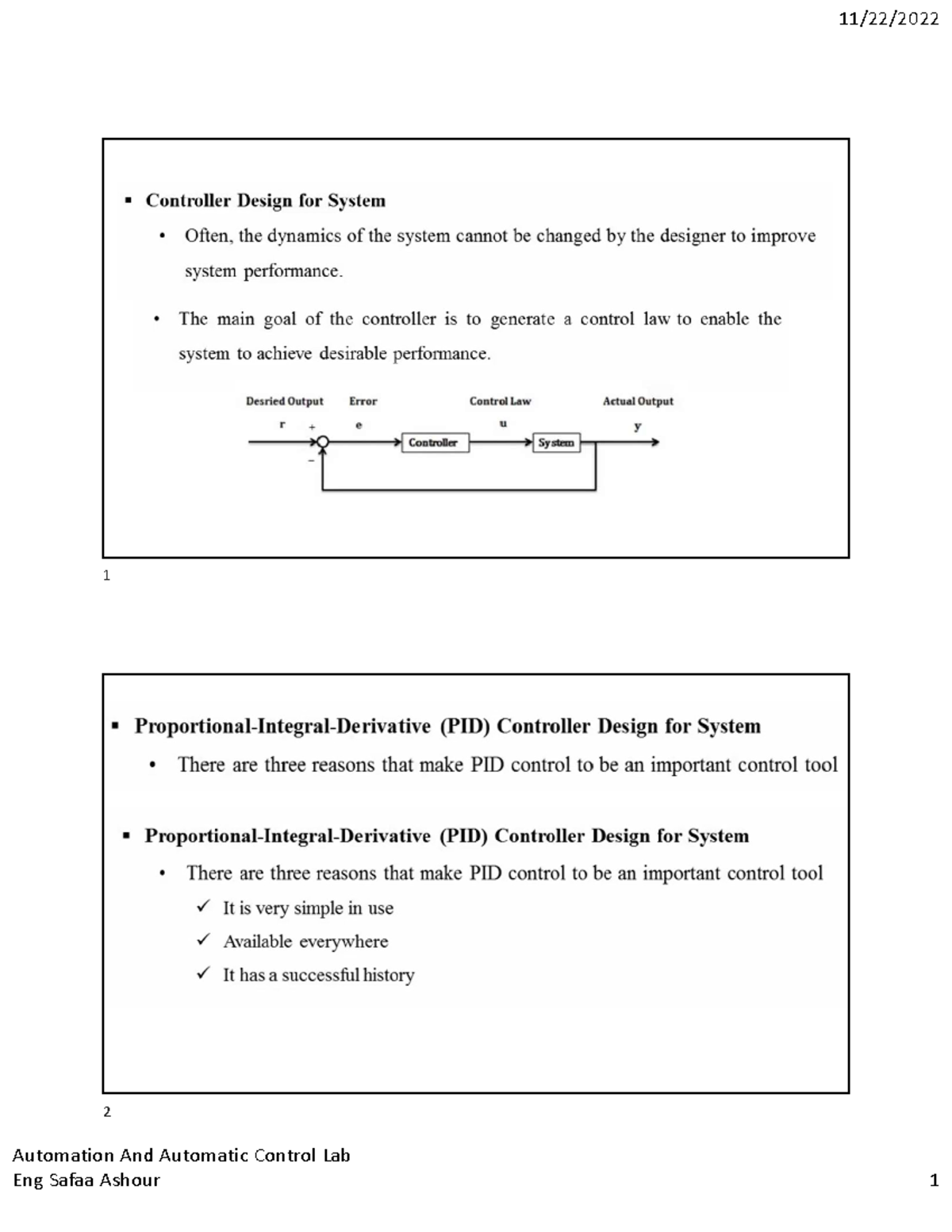 Pid Controller Design Lecture Notes Automation And Automatic Control Lab 1 2 Automation And