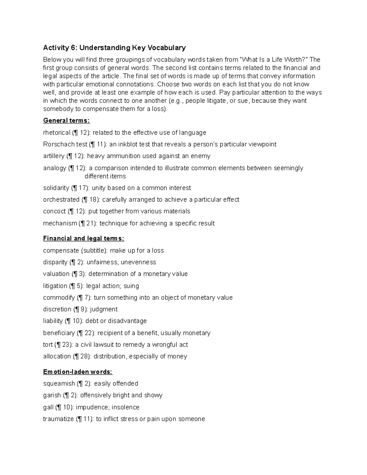 Value of Life Ripley Activities - Activity 6: Understanding Key ...