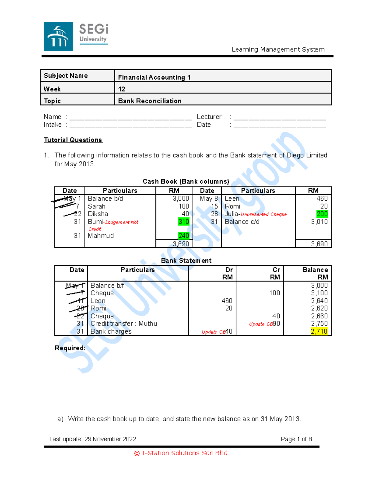 Tutorial bank reconciliation 1- Adjustment Revised - Subject Name ...