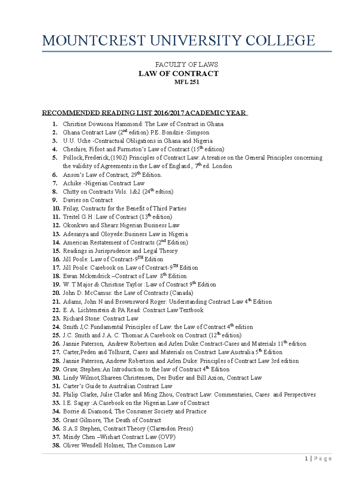 Contract LAW Course Outline - MOUNTCREST UNIVERSITY COLLEGE FACULTY OF ...