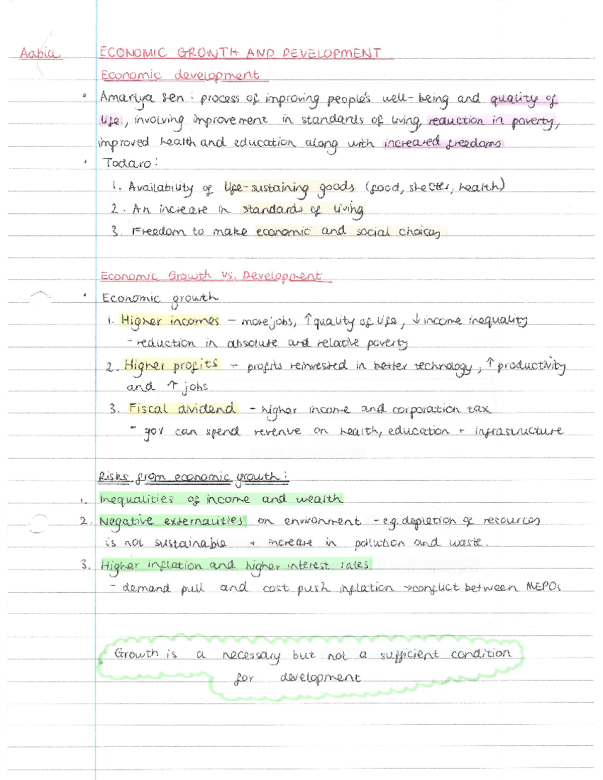 Economic growth and development notes handwritten - Studocu