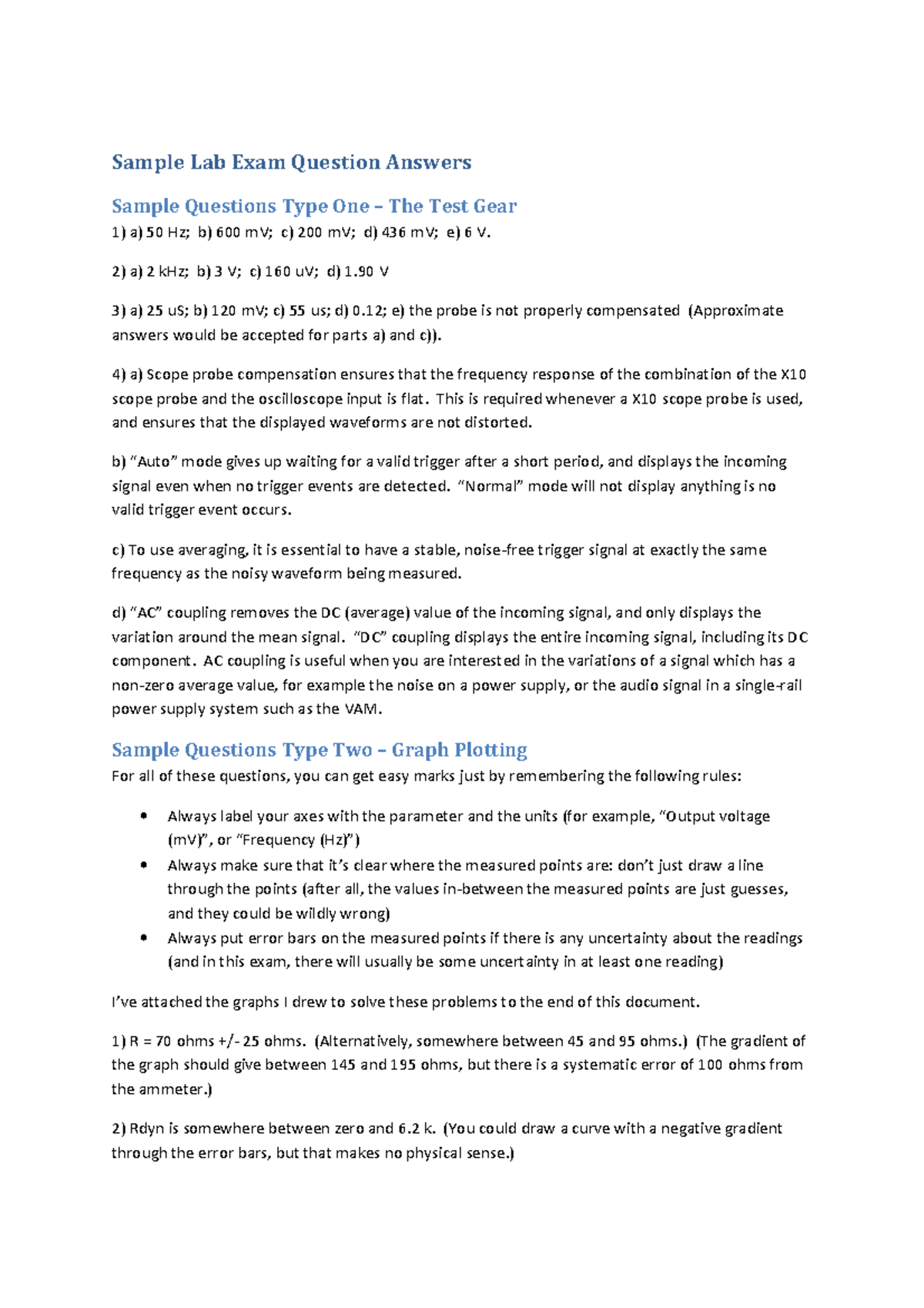 Sample Lab Exam Solutions With Graphs - Sample Lab Exam Question ...