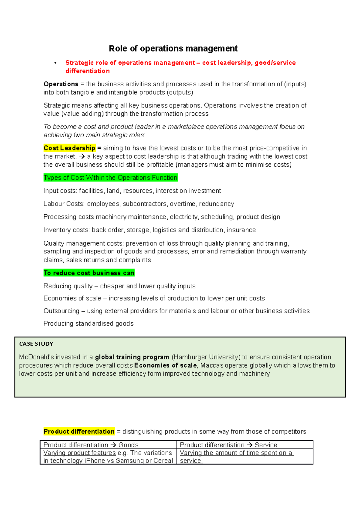 Full Summary for Operations topic - Business studies Yr 12 - Role of ...