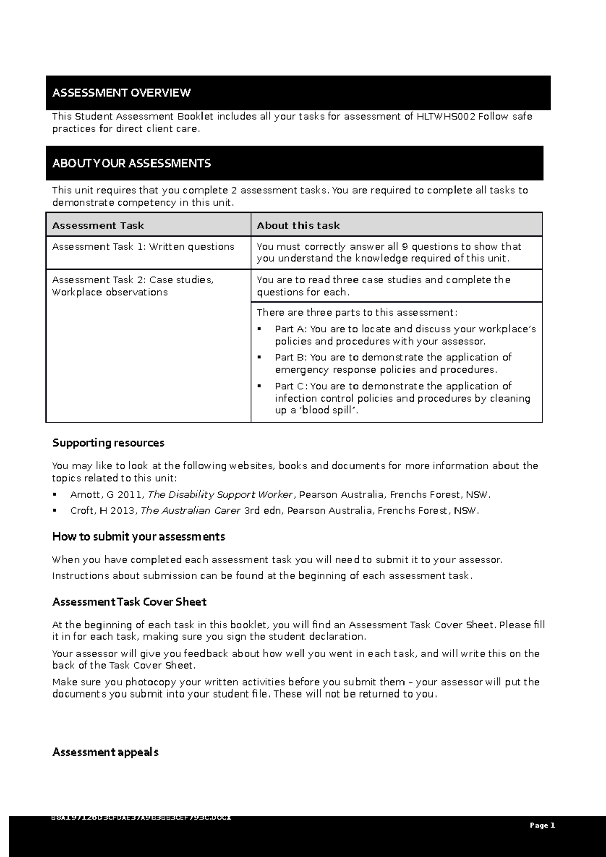 Hltwhs 002 answer - ASSESSMENT OVERVIEW This Student Assessment Booklet ...