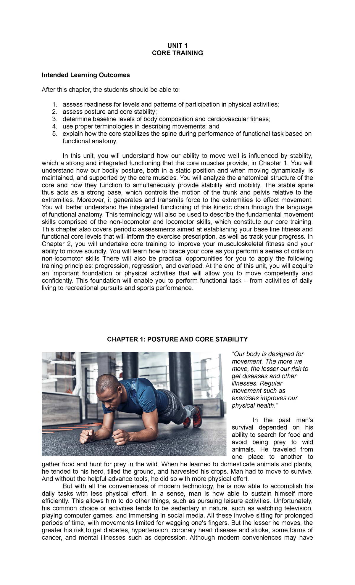 PATH FIT 1 Chapter 1 - UNIT 1 CORE TRAINING Intended Learning Outcomes ...