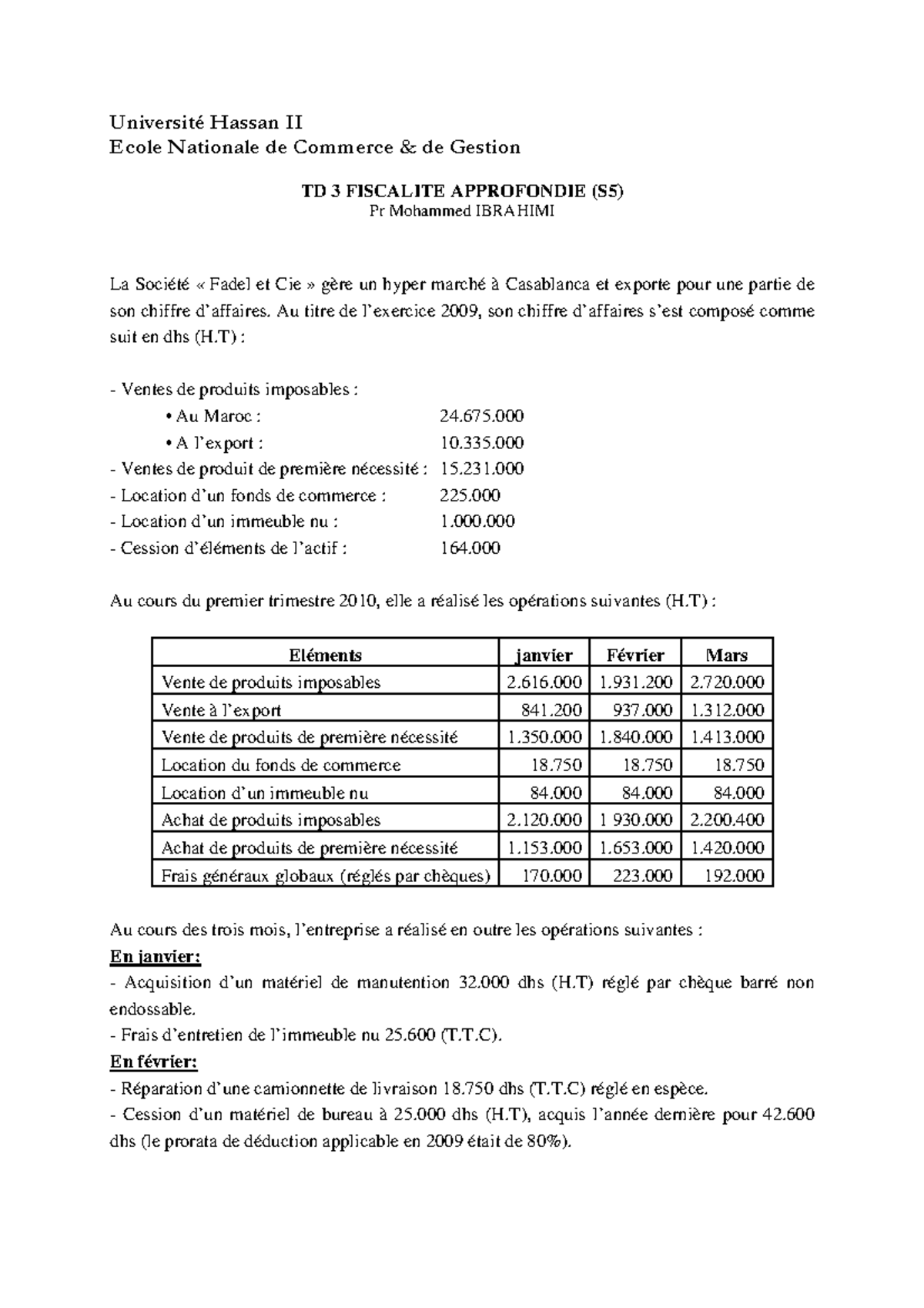 01 04 TD 3 TVA - fiscalite - Université Hassan II Ecole Nationale de Commerce & de Gestion TD 3 ...