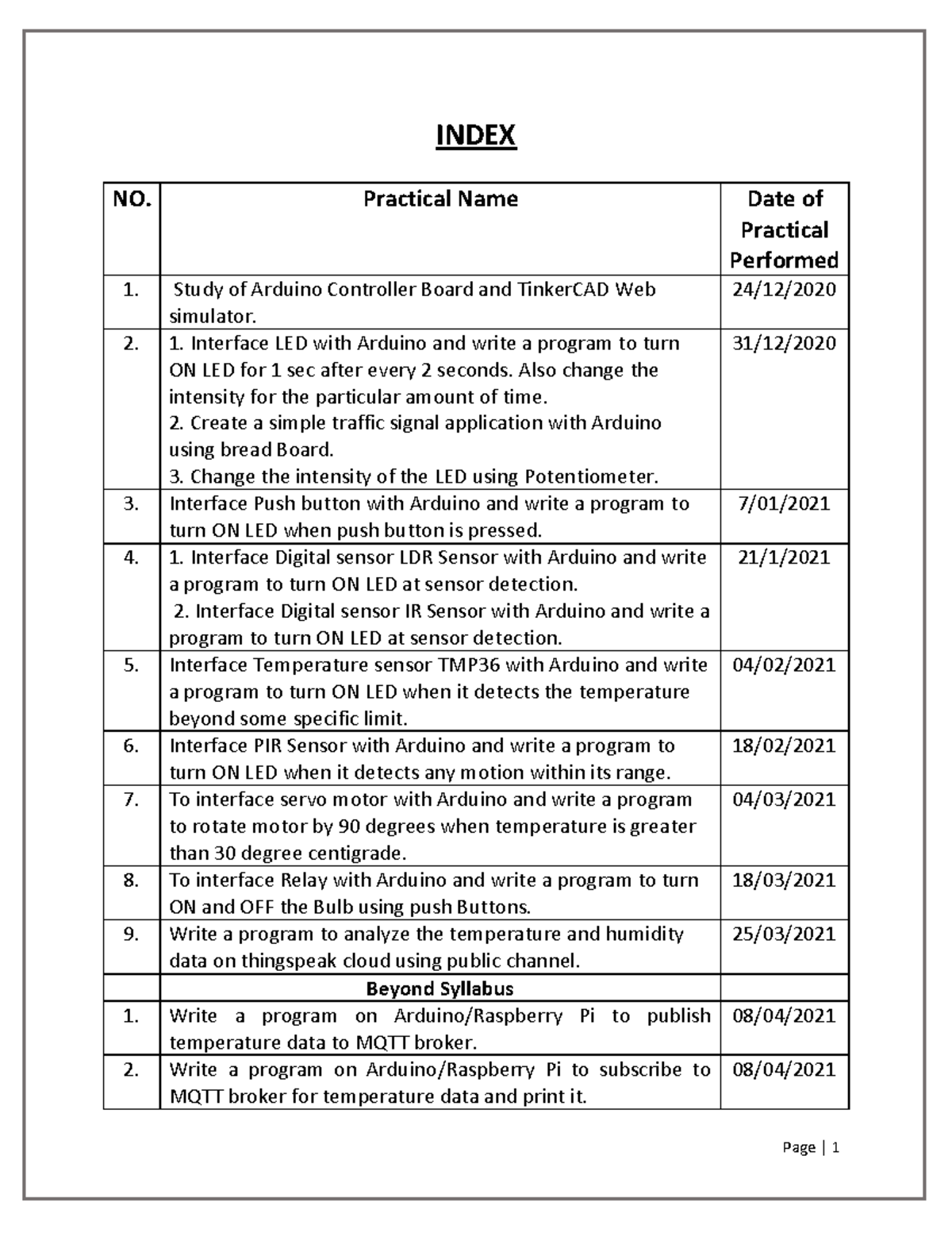 IOT Lab manual - INDEX NO. Practical Name Date of Practical Performed 1. Study of Arduino ...