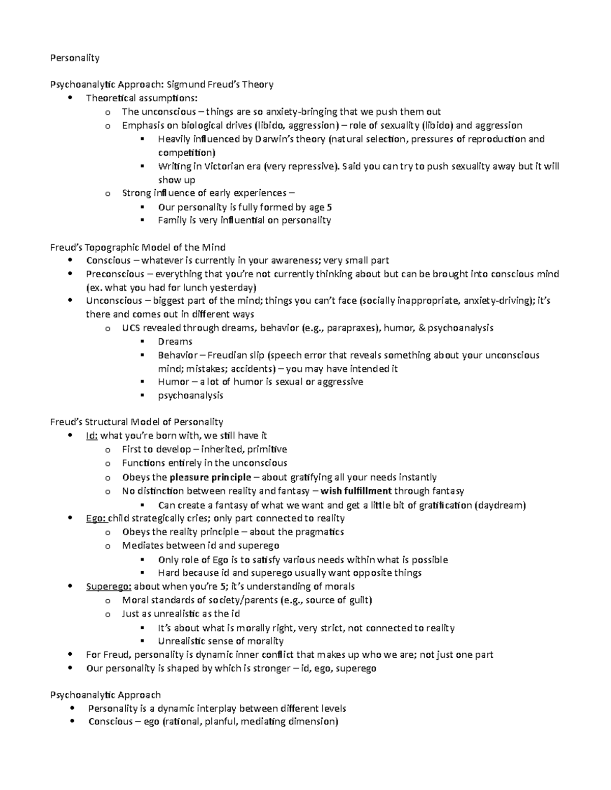 Personality Lecture Notes - Personality Psychoanalytic Approach ...