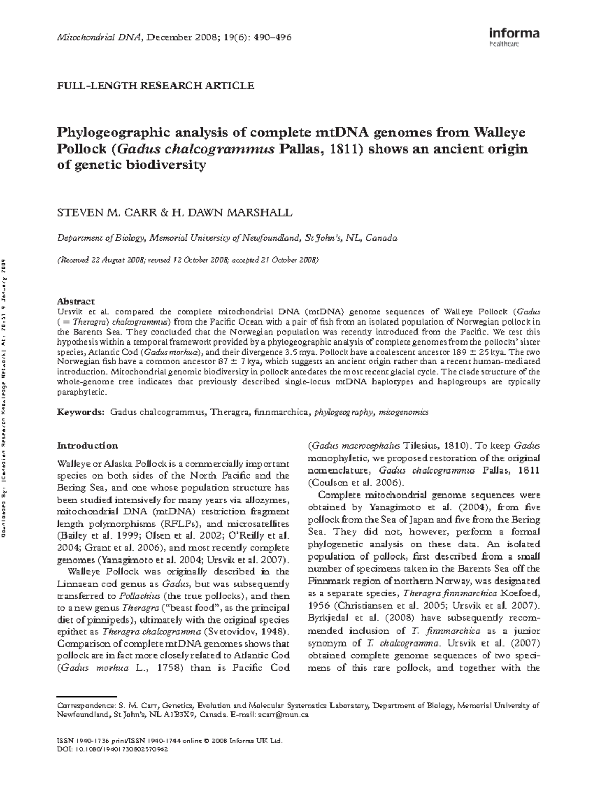 Phylogeographic analysis of complete mtdna genomes from walleye pollock ...