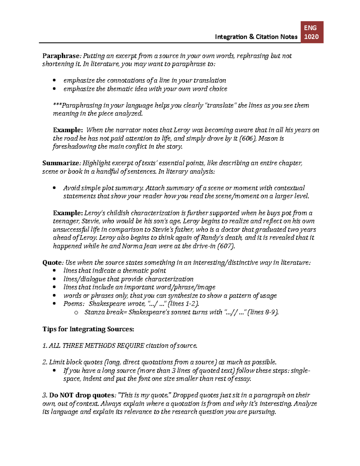 ENG Integration Citation Notes 1020 - Studocu