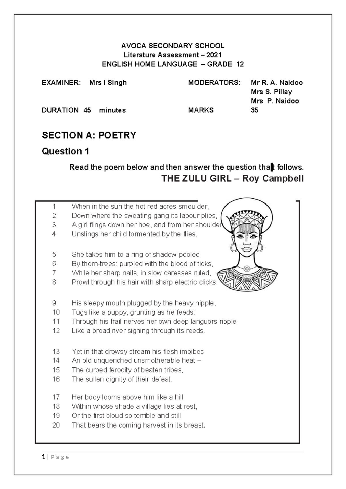Task 6 - Literatue test - AVOCA SECONDARY SCHOOL Literature Assessment ...