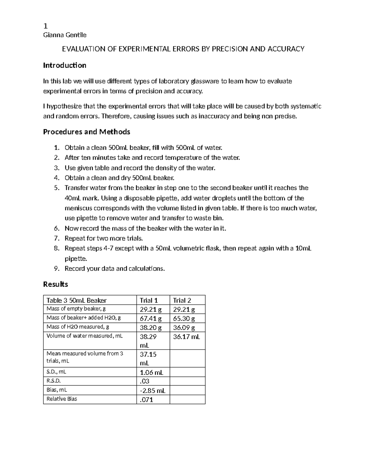 Chem Lab 1 - 1 Gianna Gentile EVALUATION OF EXPERIMENTAL ERRORS BY PRECISION AND ACCURACY - Studocu