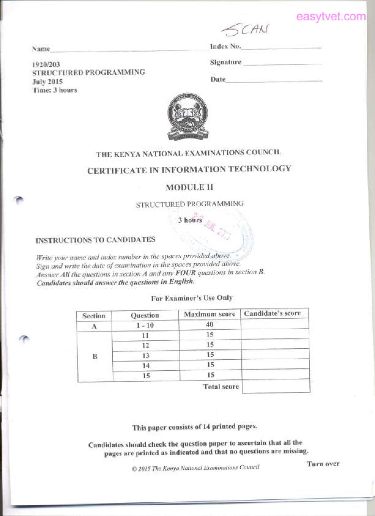 2015 july - KNEC past paper - Introduction to information systems - Studocu