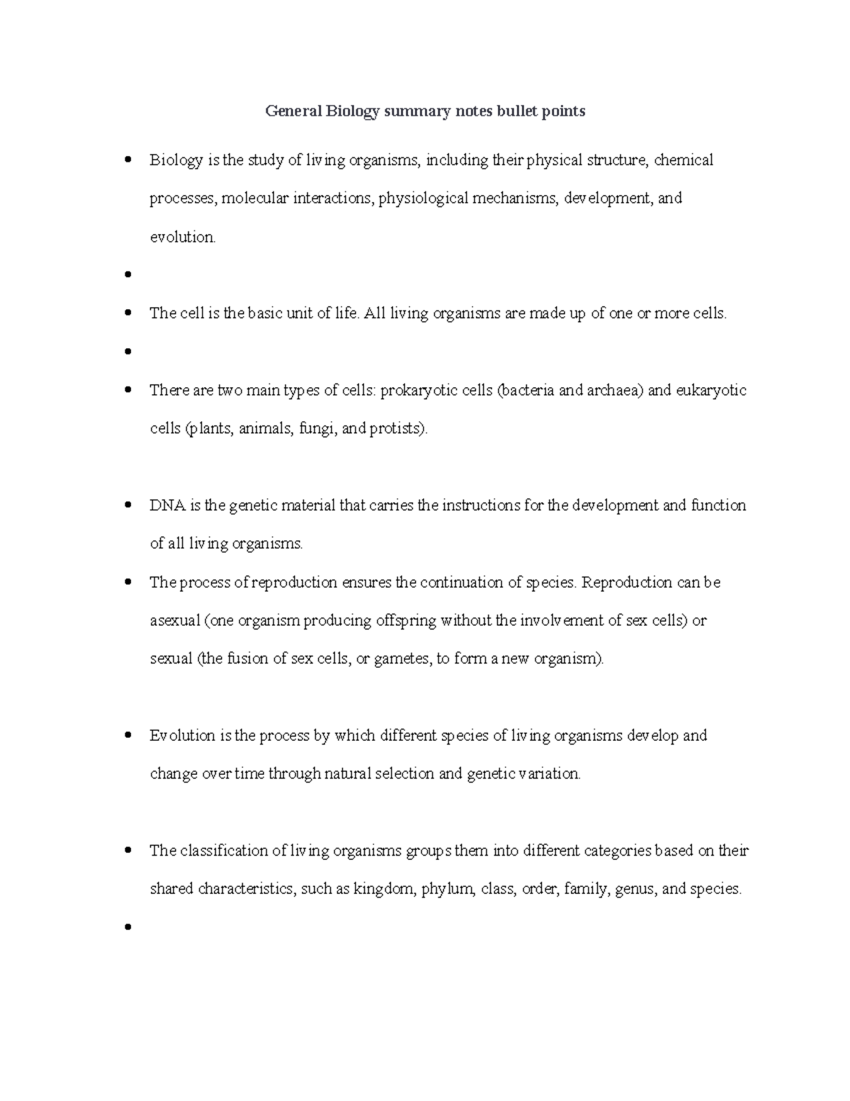 General Biology summary notes bullet points - The cell is the basic ...