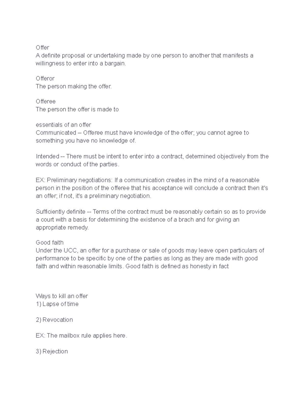 Business Law Chapter 10 notes - Offer A definite proposal or ...