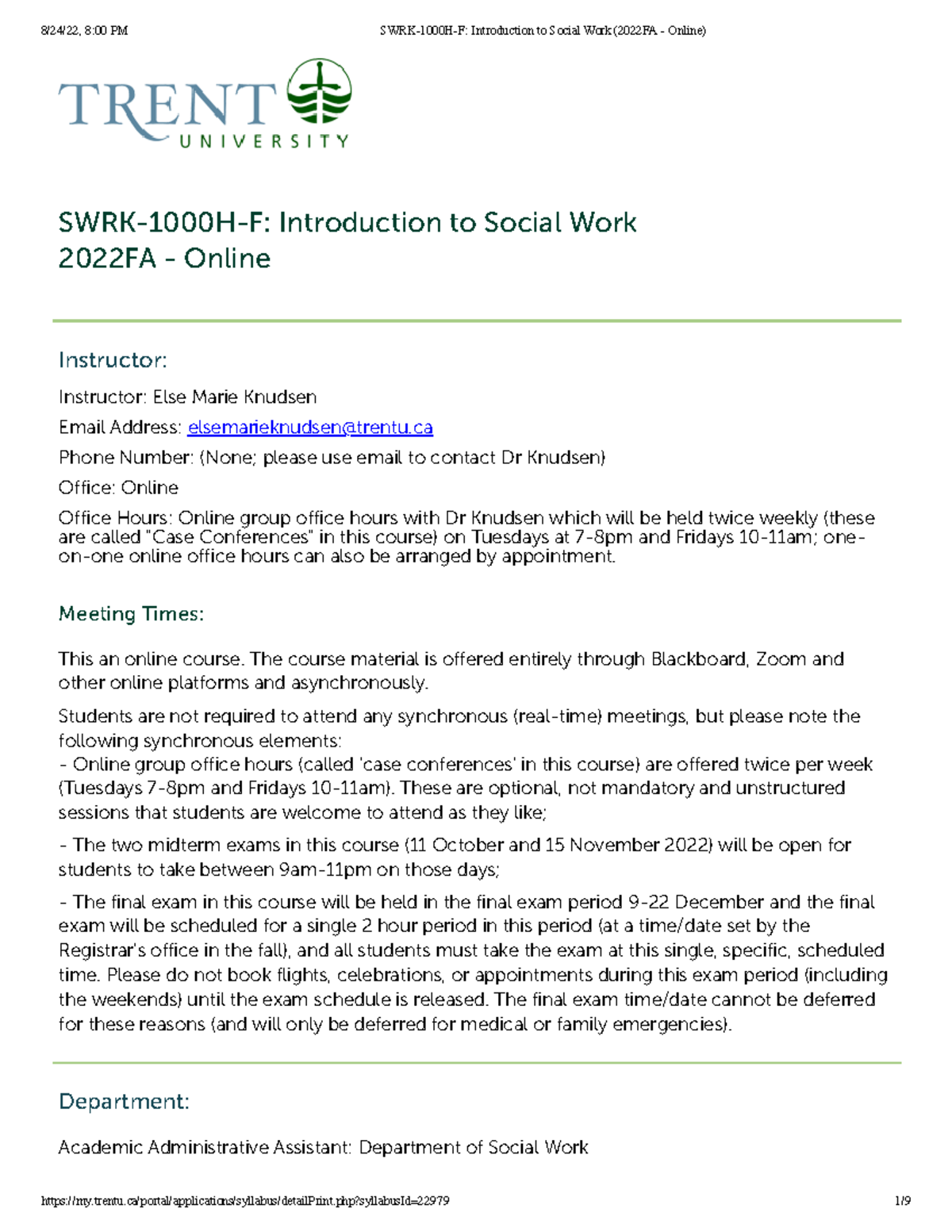 SWRK-1000H-F Introduction to Social Work (2022FA - Online) - SWRK-1000H ...