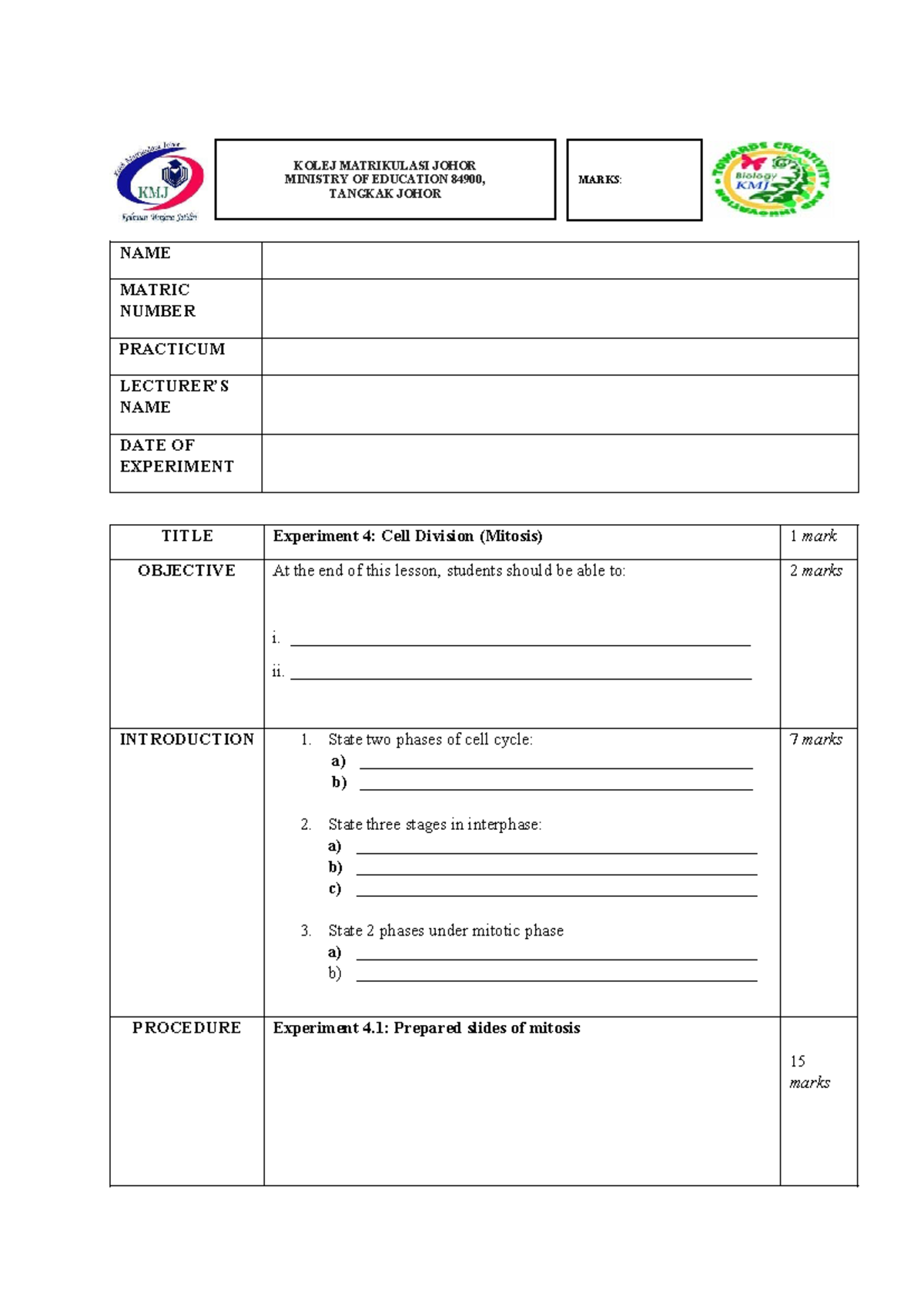 LAB Report EXP 4 Student - NAME MATRIC NUMBER PRACTICUM LECTURER’S NAME DATE OF EXPERIMENT TITLE ...