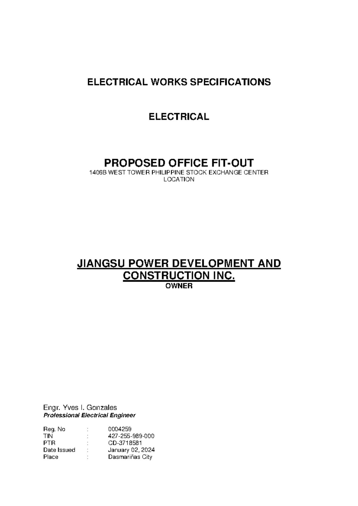 20240316-0262a-PSE- Electrical Works Specifications Coverpage - Electrical Engineer - Studocu