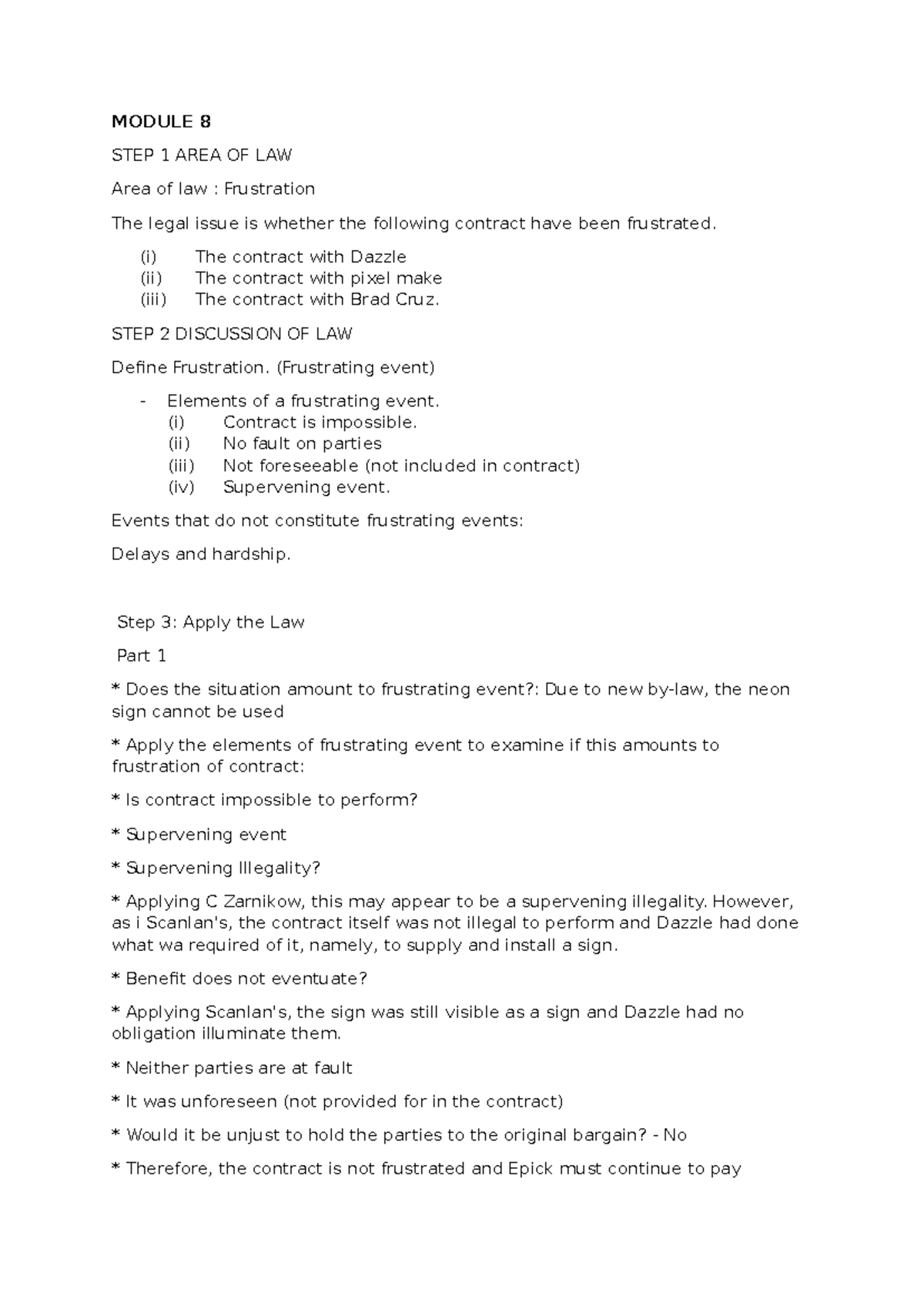 Module 8 Tutorial Module 8 Step 1 Area Of Law Area Of Law Frustration The Legal Issue Is