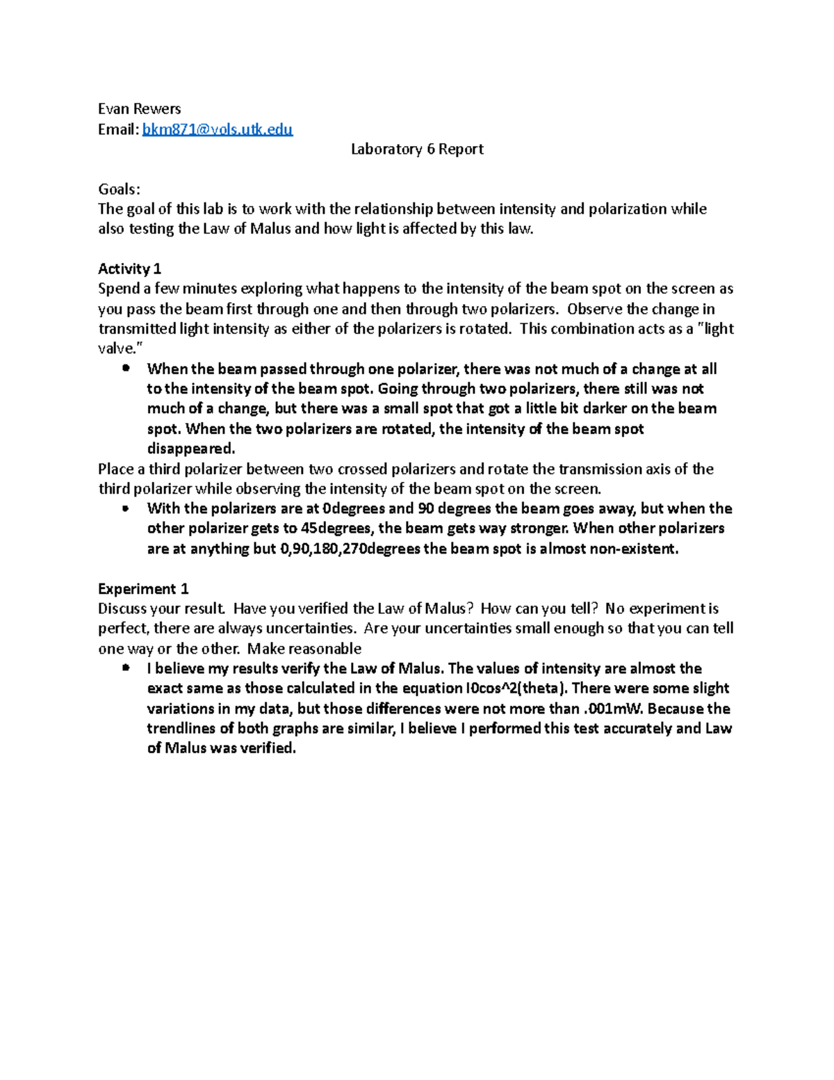 Lab6 - reflection and refraction - Evan Rewers Email: bkm871@vols.utk ...