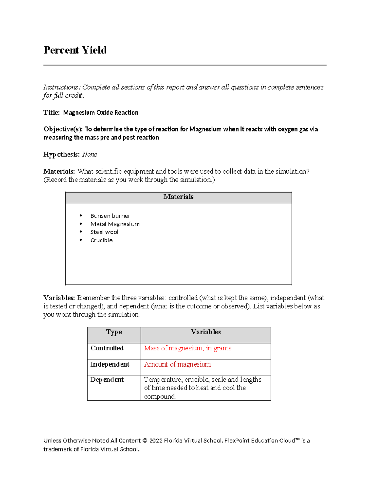 Percent Yield Lab - Percent Yield Instructions: Complete all sections ...