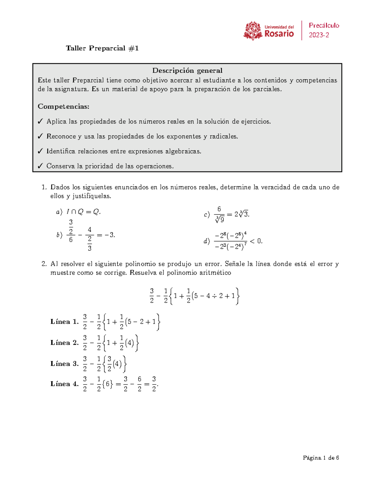 Taller 1 Preparcial Precalculo 2023- 2 - 2023- Taller Preparcial # Descripci ́on general Este ...