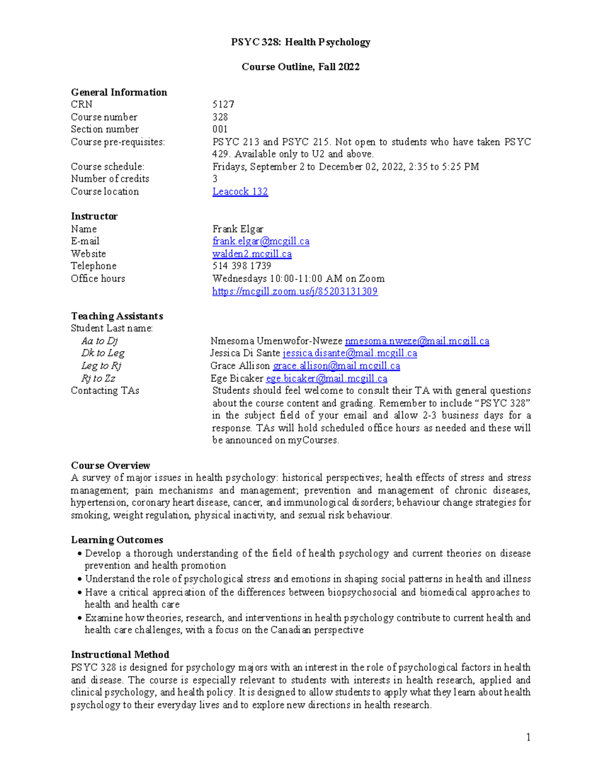 Course Outline 2022 - Copy (1) - Copy - PSYC 328: Health Psychology ...