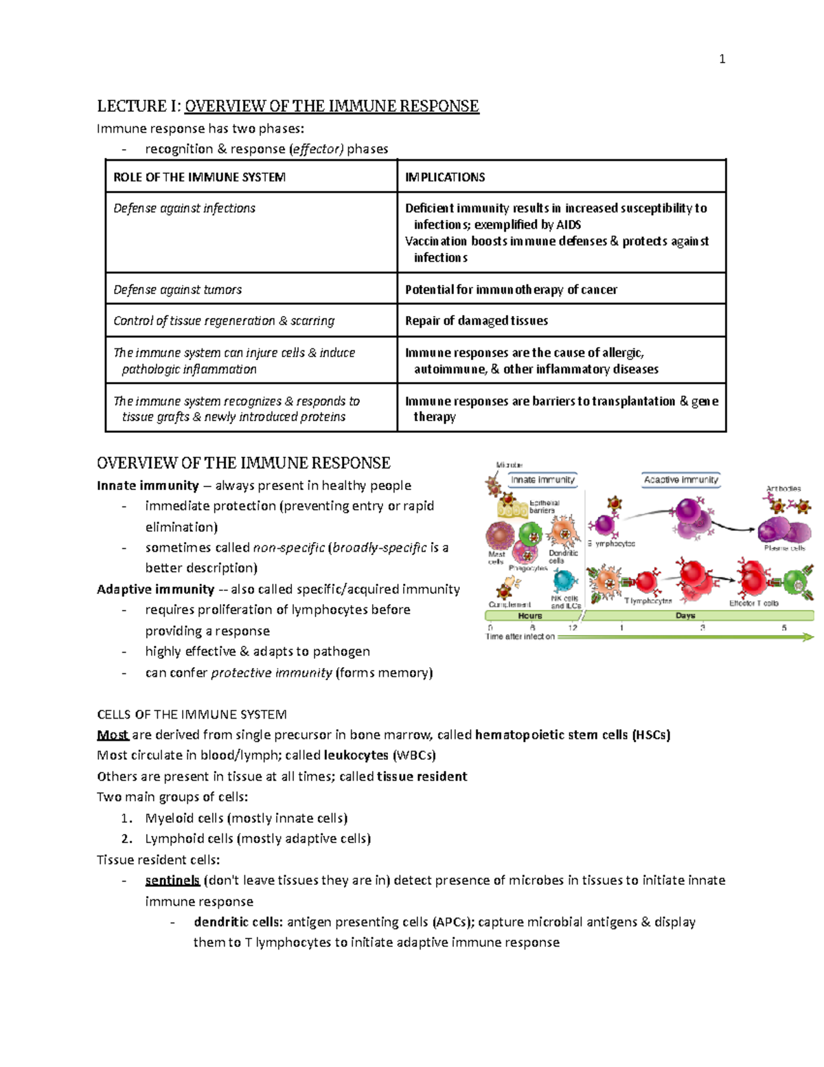 test 1 notes from lecture 1-6 - LECTURE I: OVERVIEW OF THE IMMUNE ...