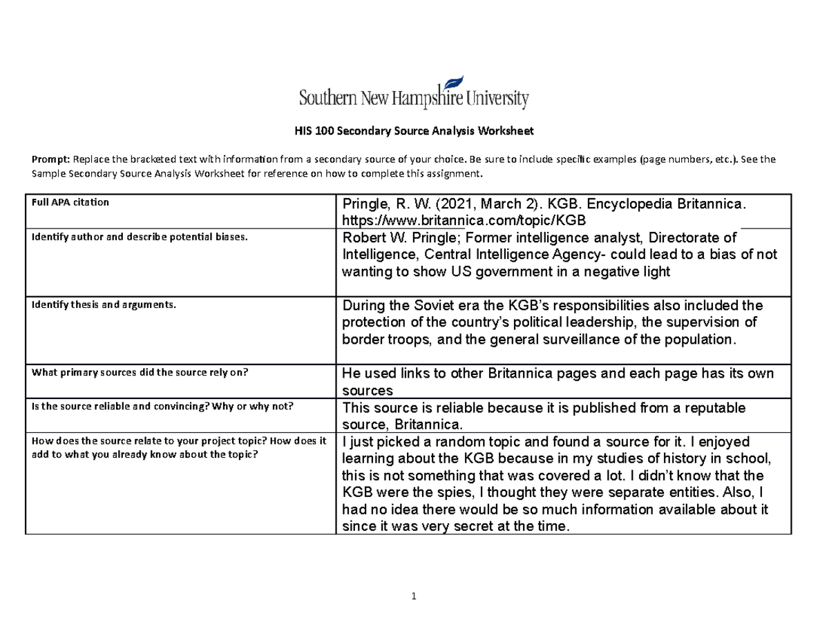 HIS 100 Secondary Source Analysis Worksheet - HIS 100 Secondary Source ...