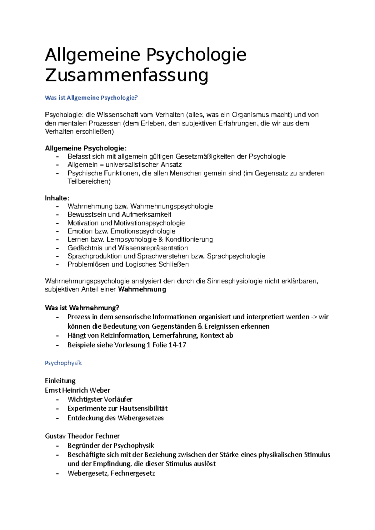 Allgemeine Psychologie Zusammenfassung - Allgemeine ist Allgemeine die Wissenschaft vom ...