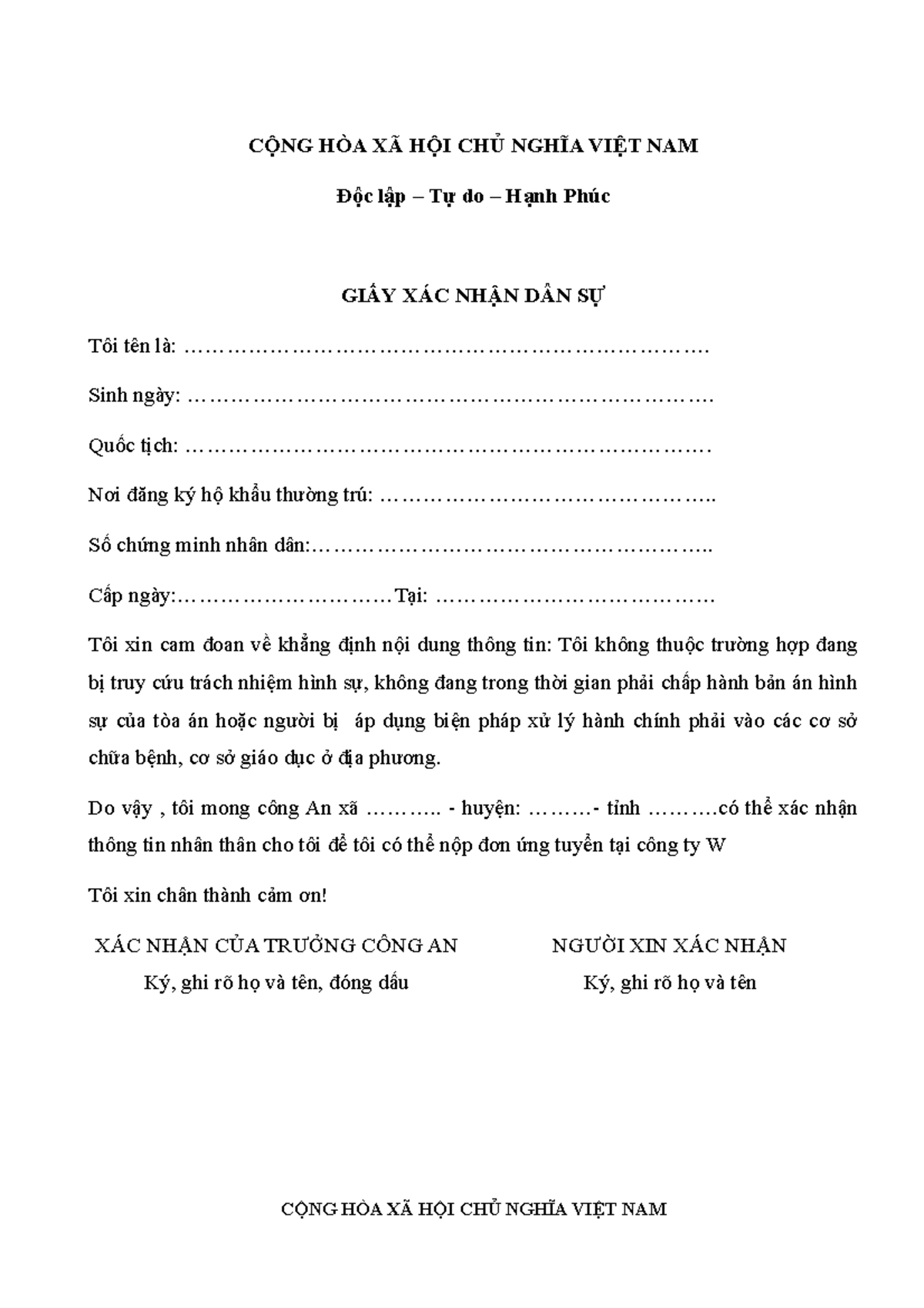 Don xin xac nhan dan su - Đơn xin xác nhận nhân thân sử dụng cho xin ...