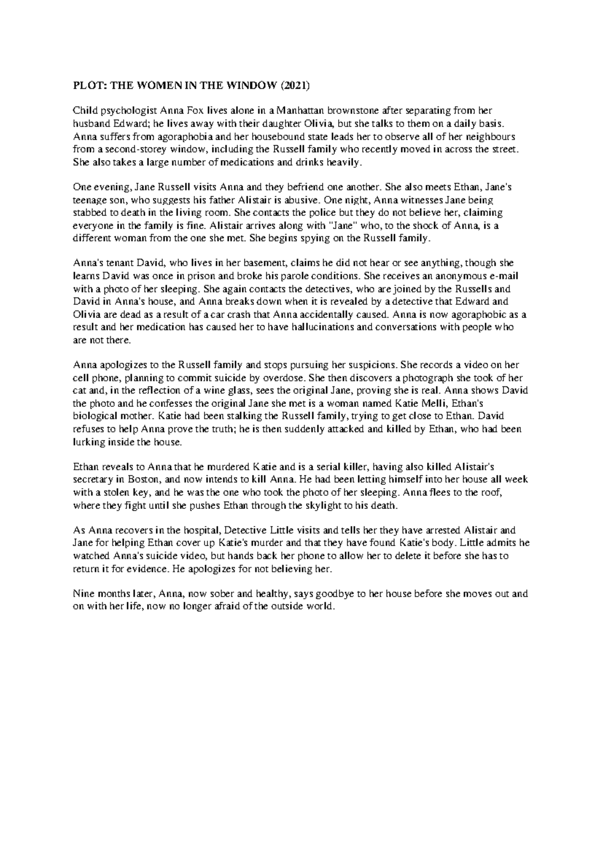 Plot elc - Summary Integrated Language Skills III - PLOT: THE WOMEN IN ...