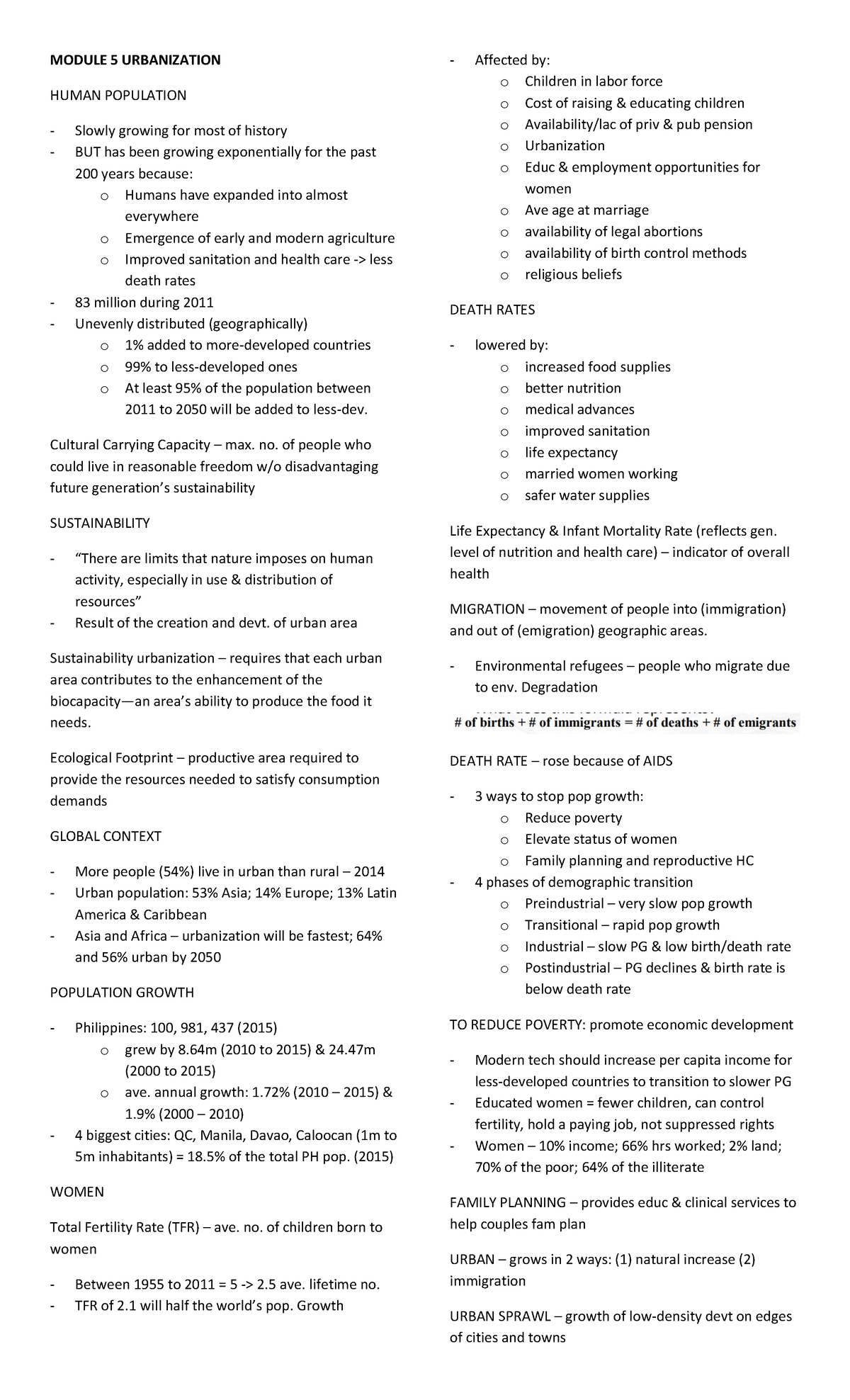 Finals reviewer - MODULE 5 URBANIZATION HUMAN POPULATION Slowly growing ...